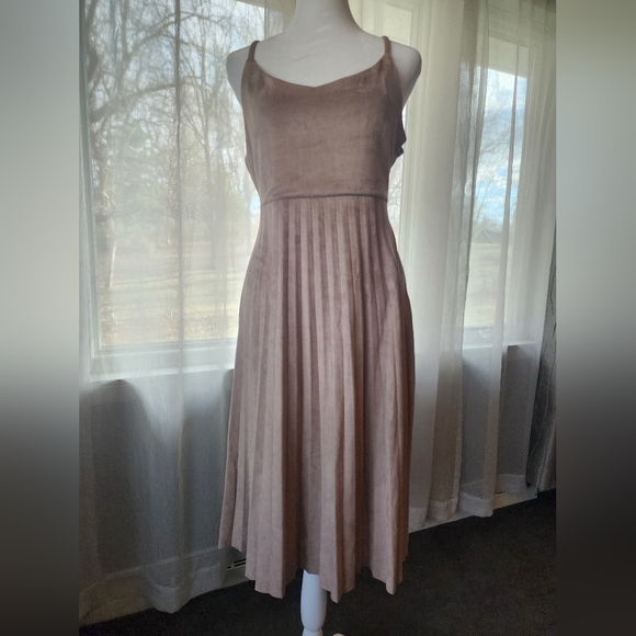 She + Sky | Dresses | Nwt She Sky Faux Suede Tan Pleated Dress L | Poshmark